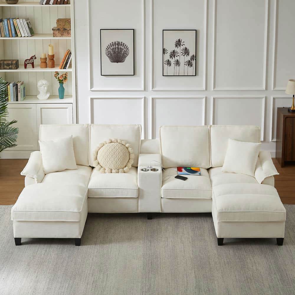 Spaco 120" Modular Corduroy Sectional Sofa Bed, Modern U-ShapedSofa Bed ...