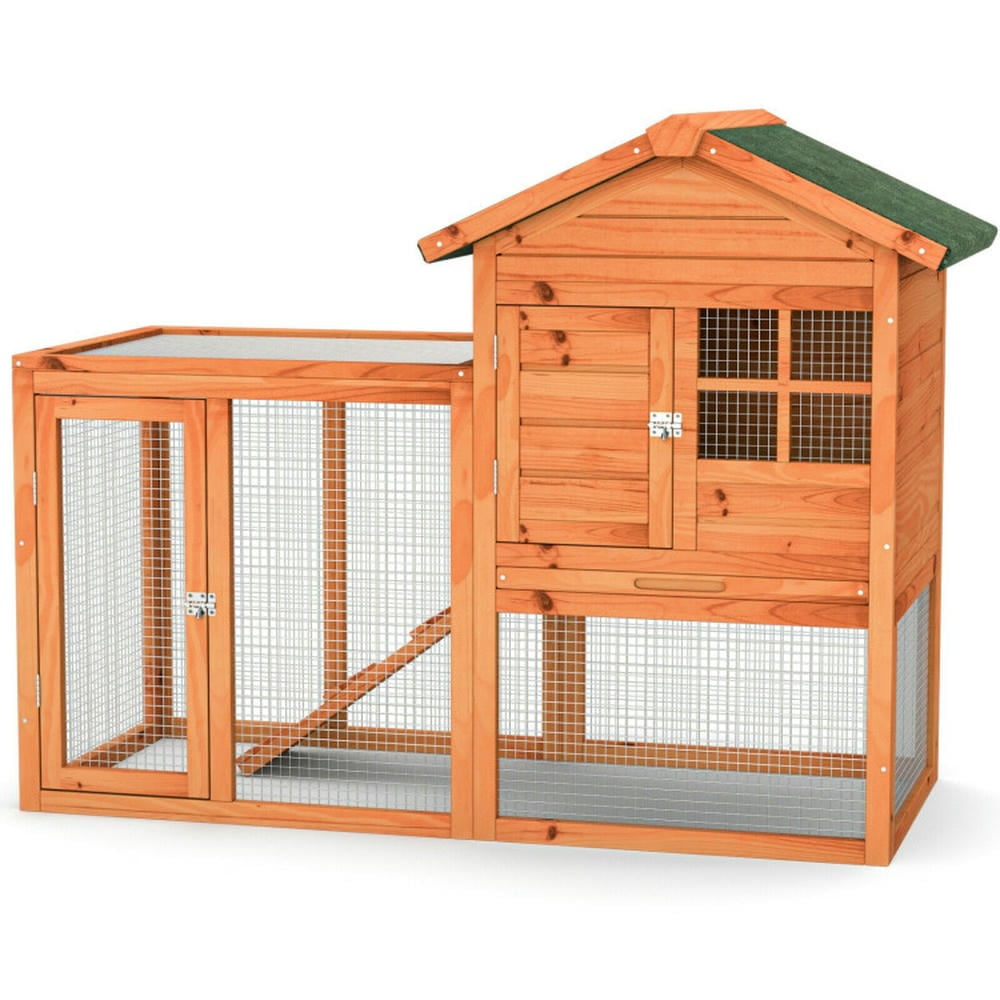 Spaco 2-Story Wooden Rabbit Hutch with Running Area-Natural,Wooden ...
