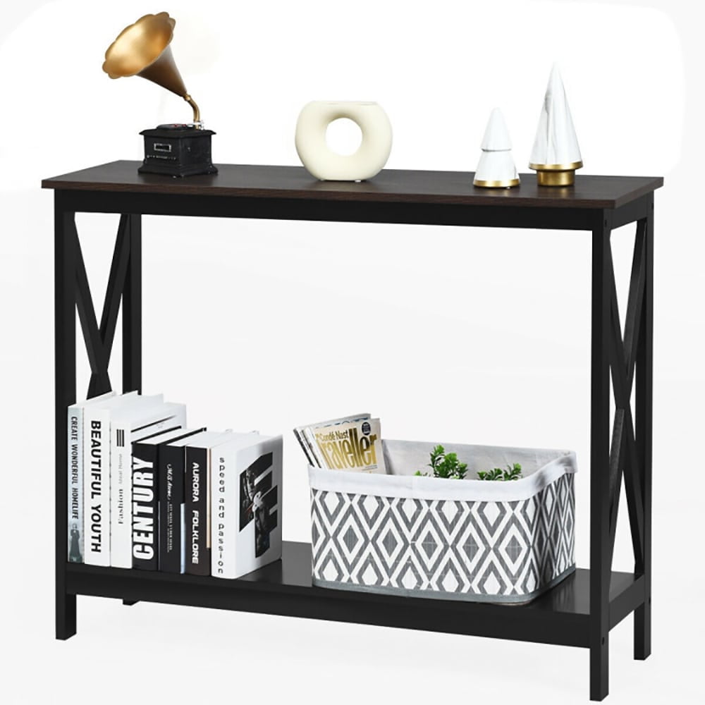 Spaco 2-Tier Console X-Design Sofa Side Accent Table-Wood Grain ...
