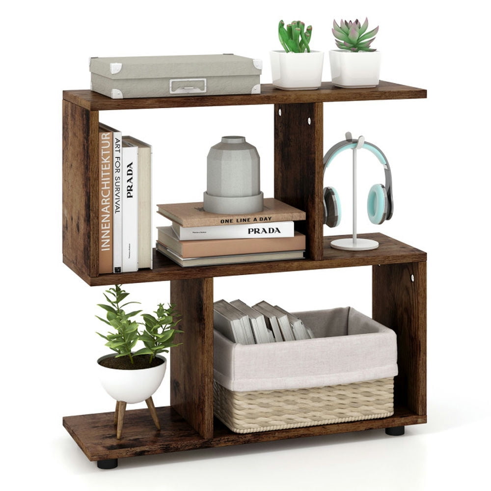 Spaco 24 Inch 3-Tier Geometric Bookshelf with Thick Foot Pads-Brown ...