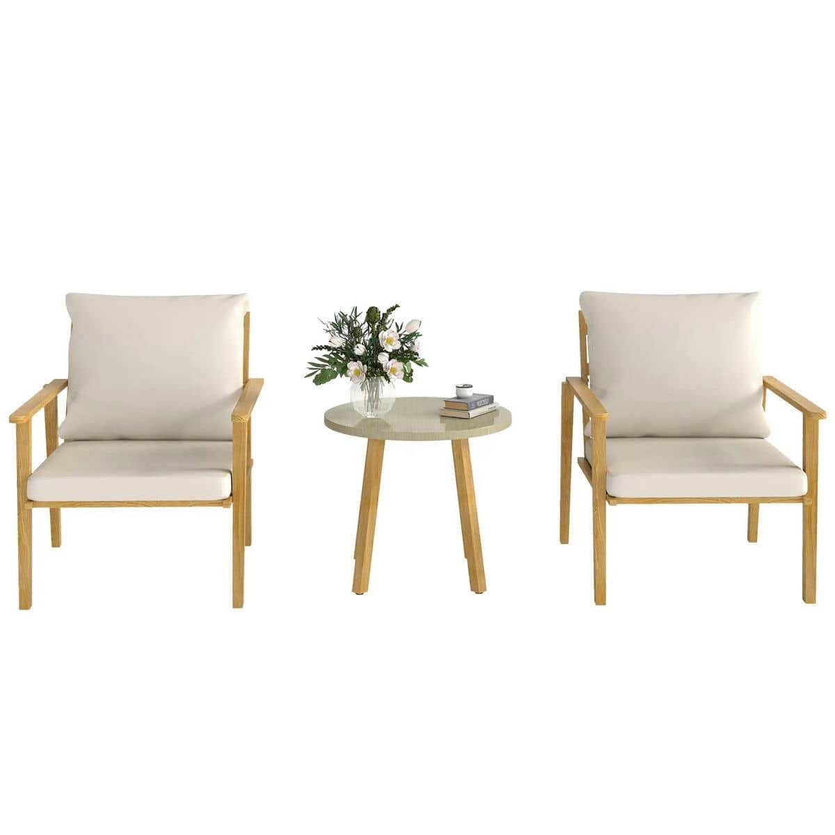 Spaco 3 Piece Outdoor Bistro Set with Round Table and Cushions, Wood ...