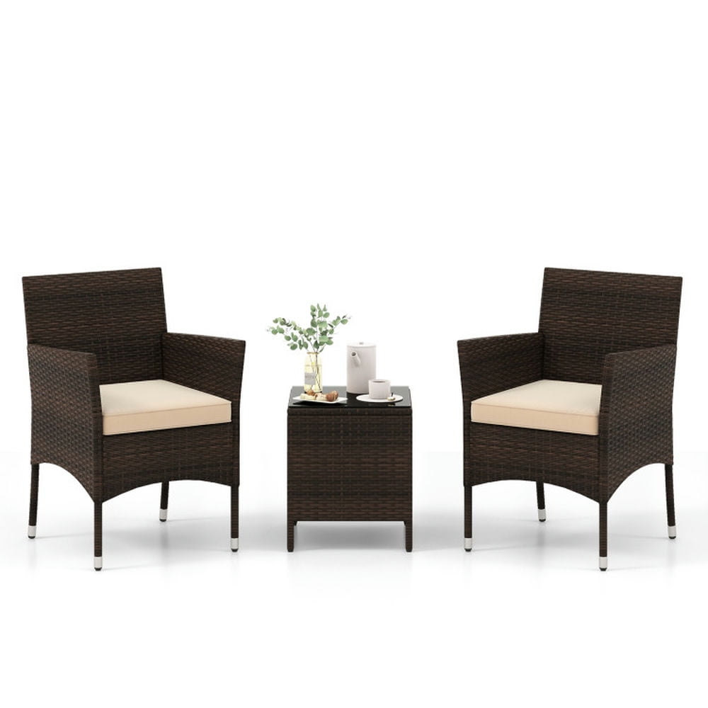 Spaco 3 Pieces Outdoor Conversation Set with Cushioned Seat and Glass ...
