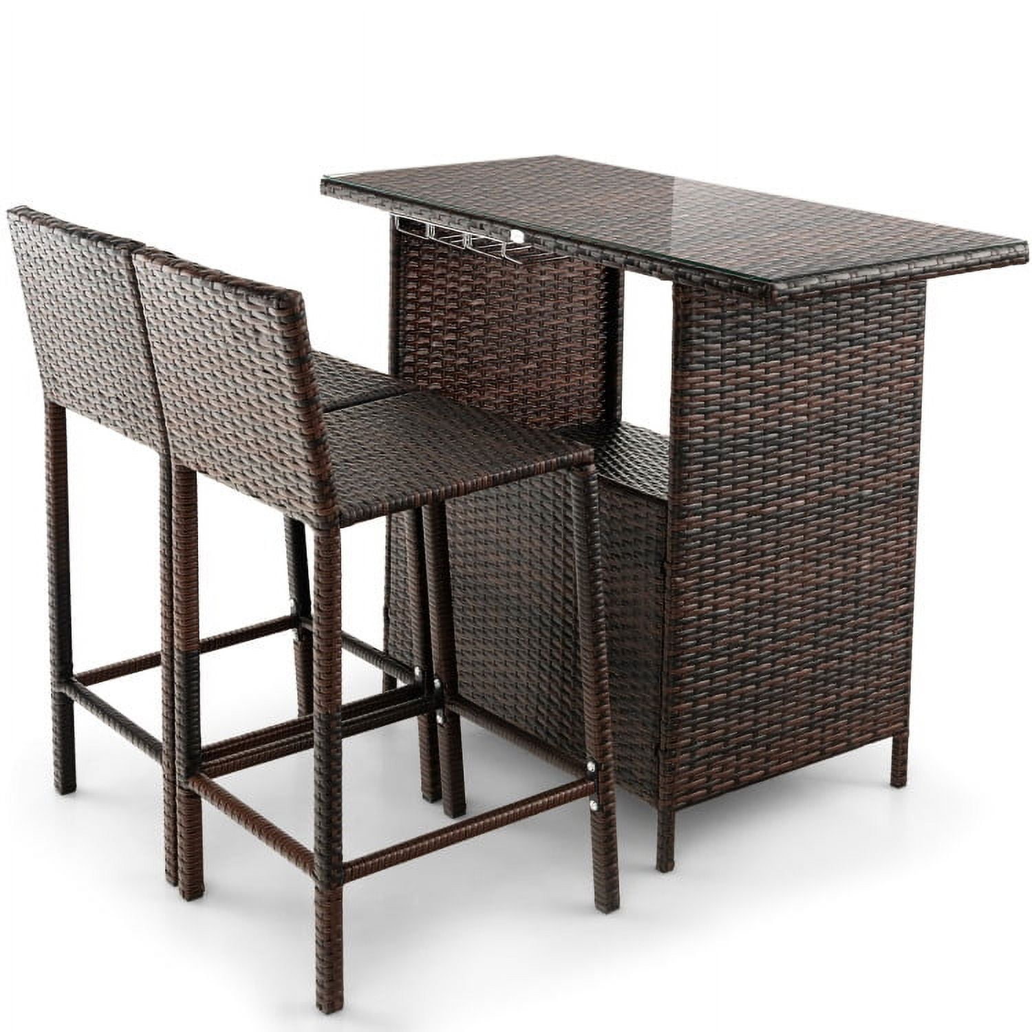 Spaco 3 Pieces Outdoor Wicker Bar Set with 3 Rows Stemware Racks ...