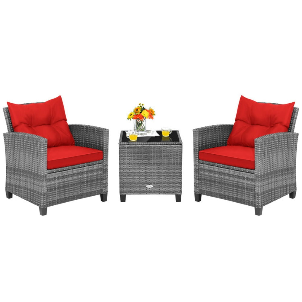 Spaco 3 Pieces Outdoor Wicker Conversation Set with Tempered Glass ...