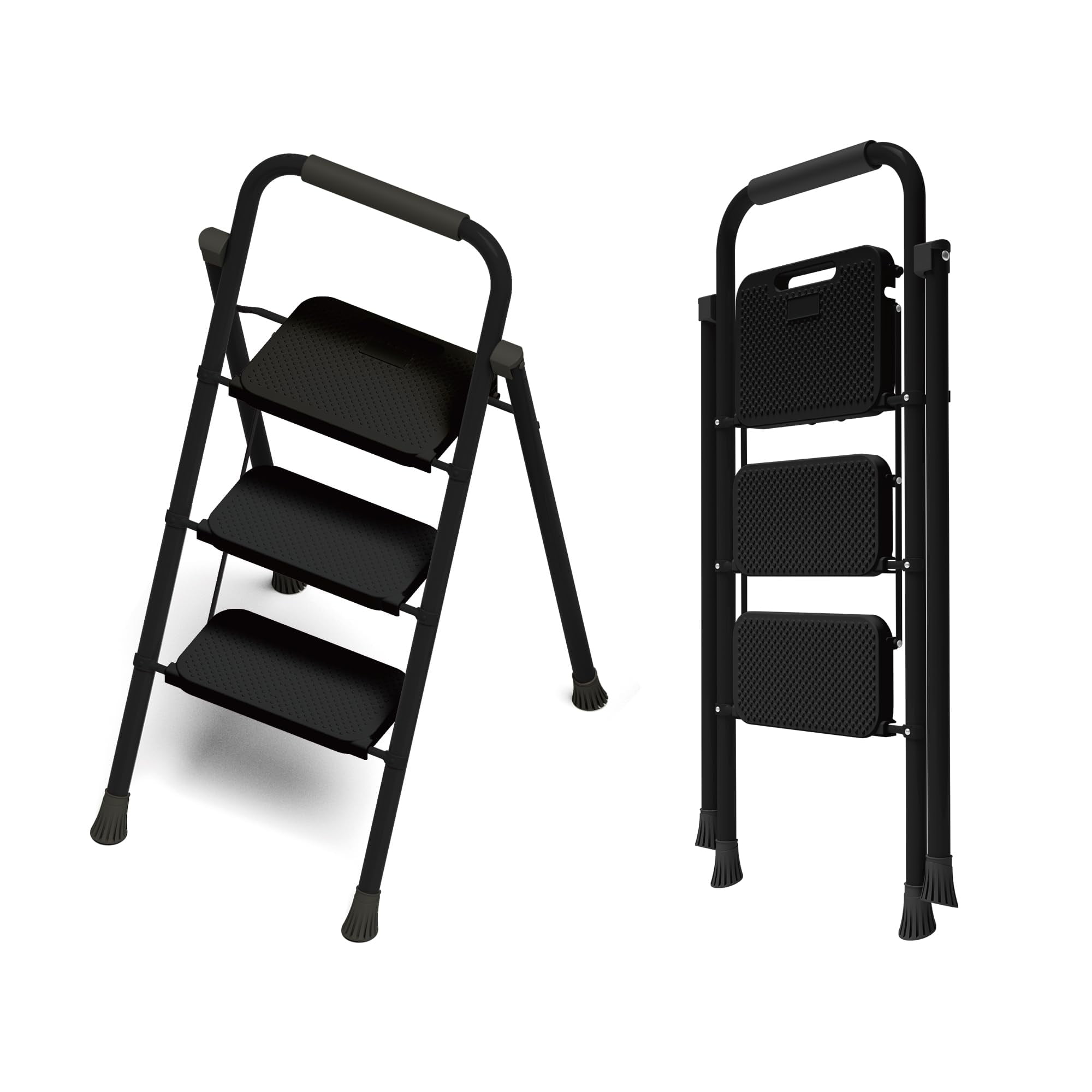 Spaco 3 Step Black Iron Handrail, Folding Step Stool with Width Pedal ...