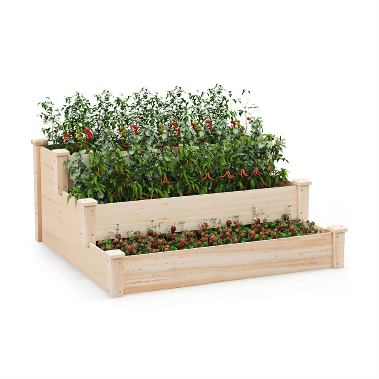 Spaco 3-Tier Fir Wood Raised Garden Bed, Outdoor Elevated Planter Box ...