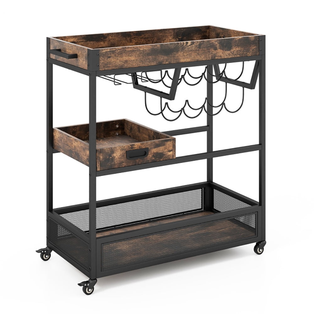 Spaco 3-Tier Industrial Buffet Serving Cart with Wine Rack, Bar Cabinet ...