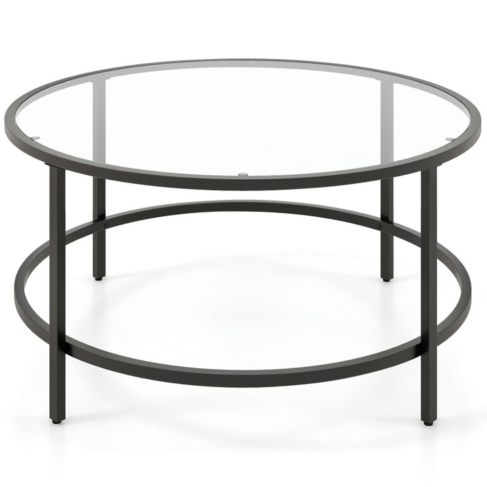 Spaco 36 Inch Round Coffee Table with Tempered Glass Tabletop-Black ...