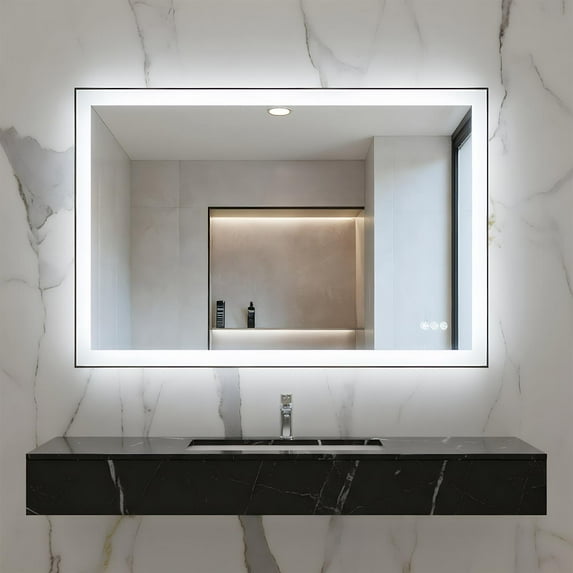 Spaco 48x32 Inch LED Bathroom Mirror, Black Frame, Distortion-Free ...