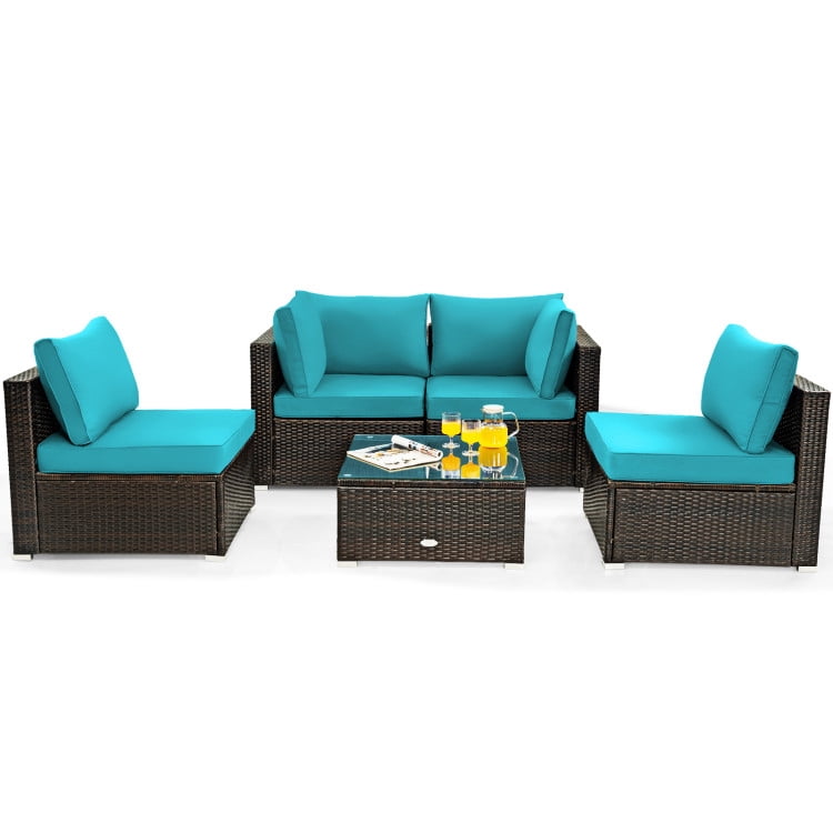 Spaco 5 Pieces Cushioned Patio Rattan Furniture Set with Glass Table ...
