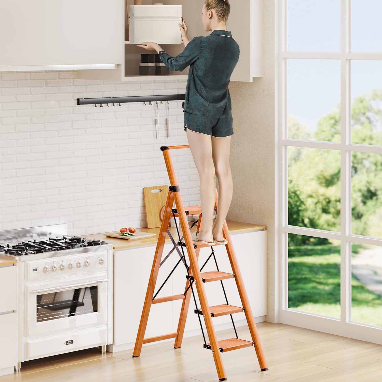 Spaco 5 Steps Wood Aluminum Handrails, Grain Color Aluminum Ladder ...