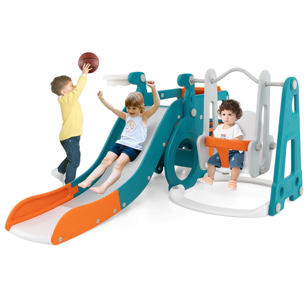 Spaco 5-in-1 Kids Slide and Swing Set with Mini Bus and Basketball Hoop ...