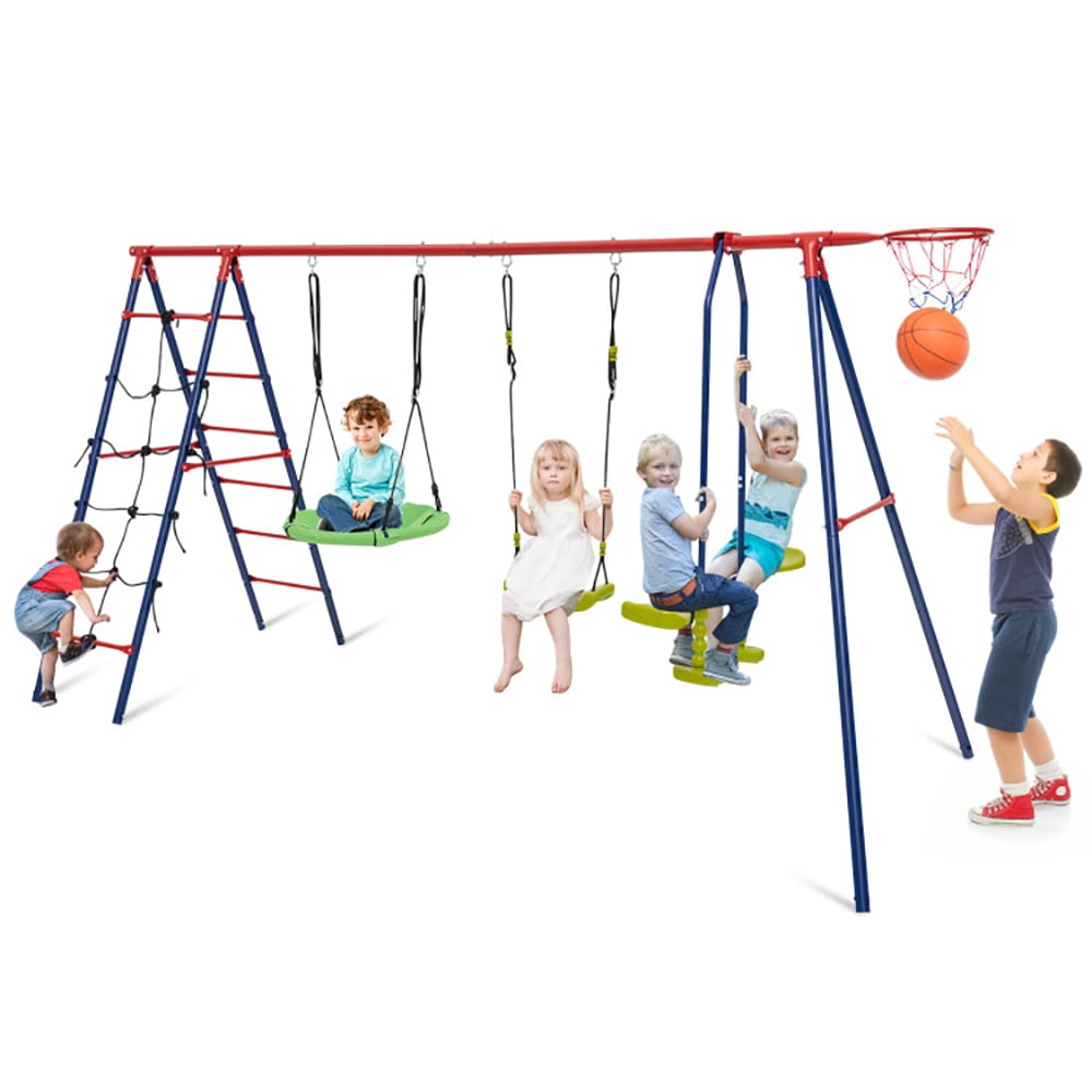 Spaco 550 LBS 6-in-1 Patio Kids Swing Set with Climbing Net and Ladder, Swing Set Outdoor for ...
