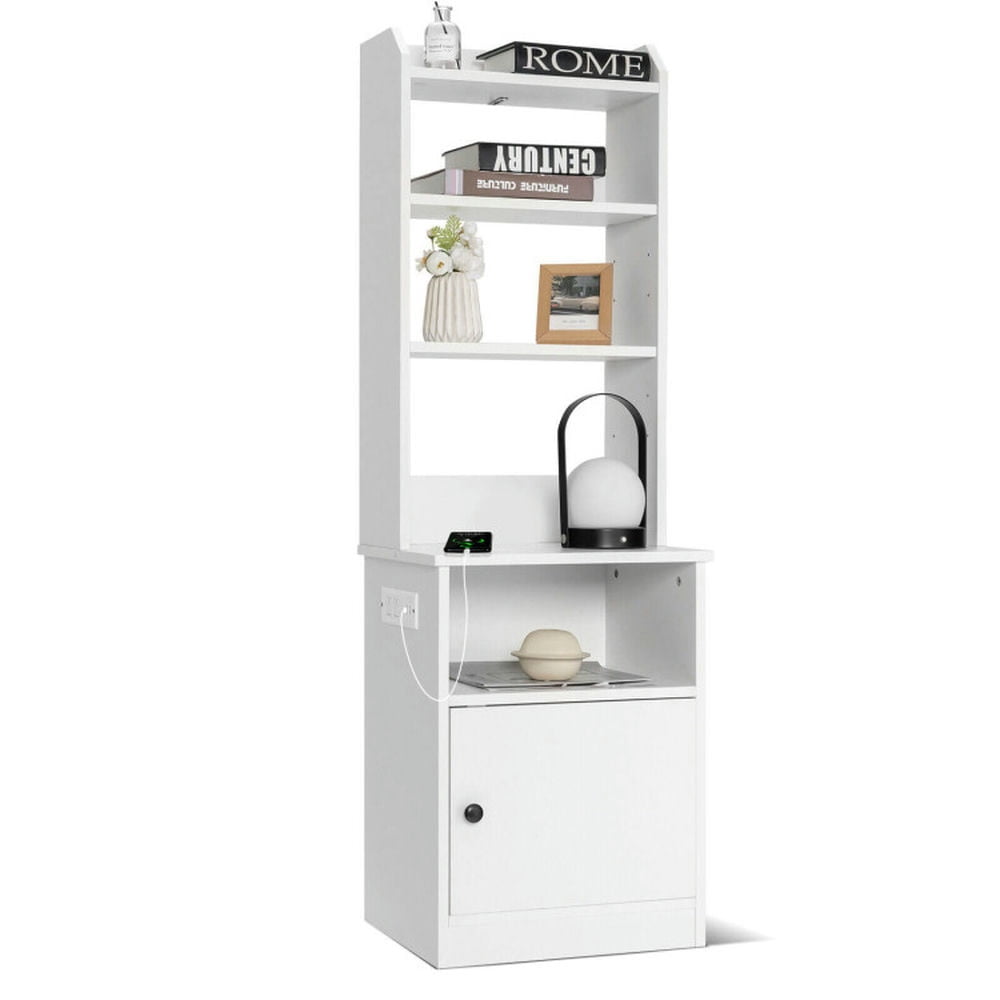 Spaco 6-Tier Bookshelf with Charging Station and Cabinet-White, Tall ...