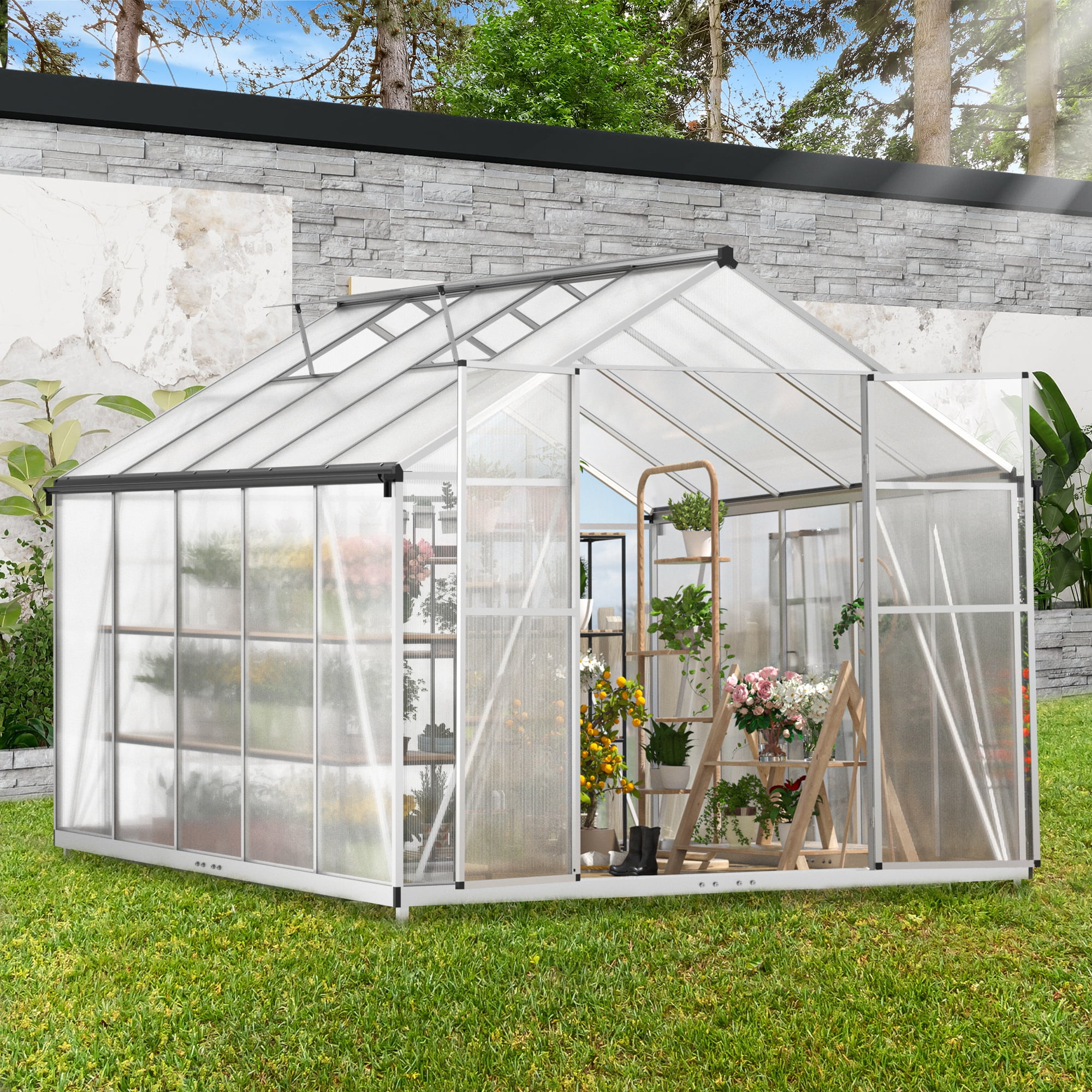 Resenkos 8' x 10' Polycarbonate Outdoor Greenhouse, Aluminum Walk-in ...