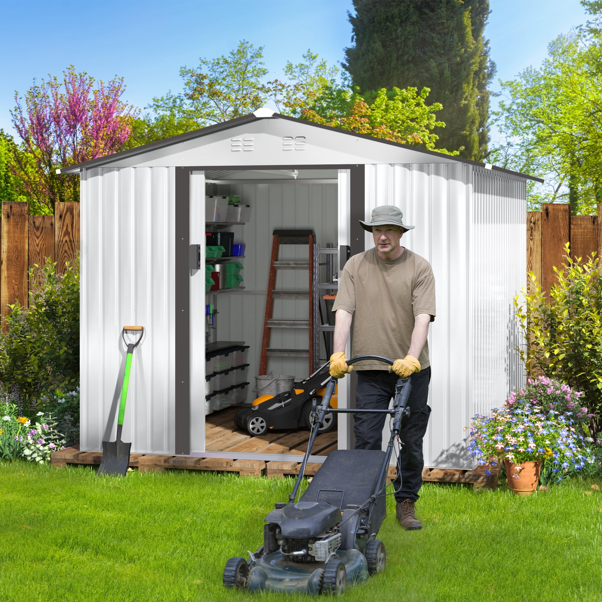 Resenkos 8' x 8' Outdoor Storage Shed, Metal Garden Shed with Double ...