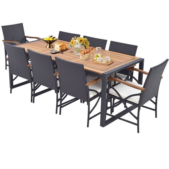 Spaco 9 Pieces Patio Rattan Dining Set with Acacia Wood Table for ...