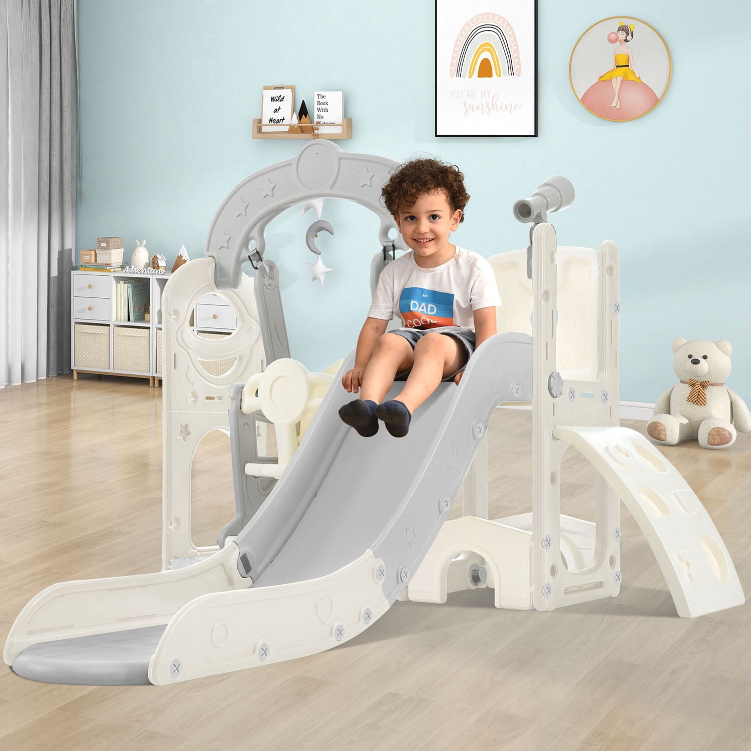 Spaco 9 in 1 Kids Slide Playset Structure, Freestanding Spaceship Set ...