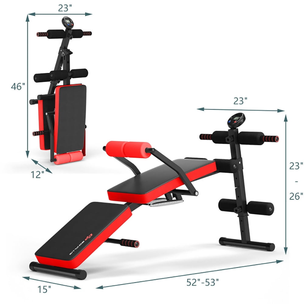 Spaco Adjustable Sit Up Bench with LCD Monitor-Red, Home Gym Sit Up ...