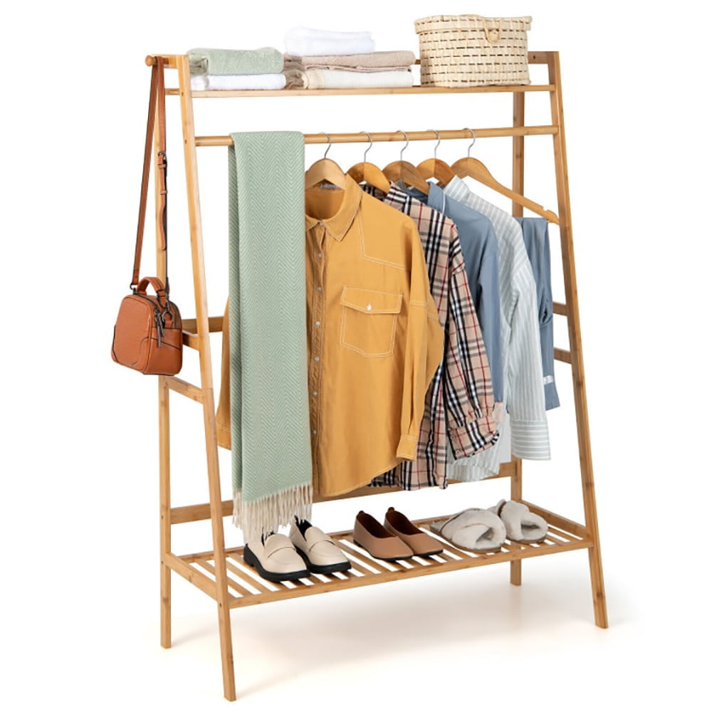 Spaco Bamboo Clothing Rack with Storage Shelves-Natural, Metal Hall ...