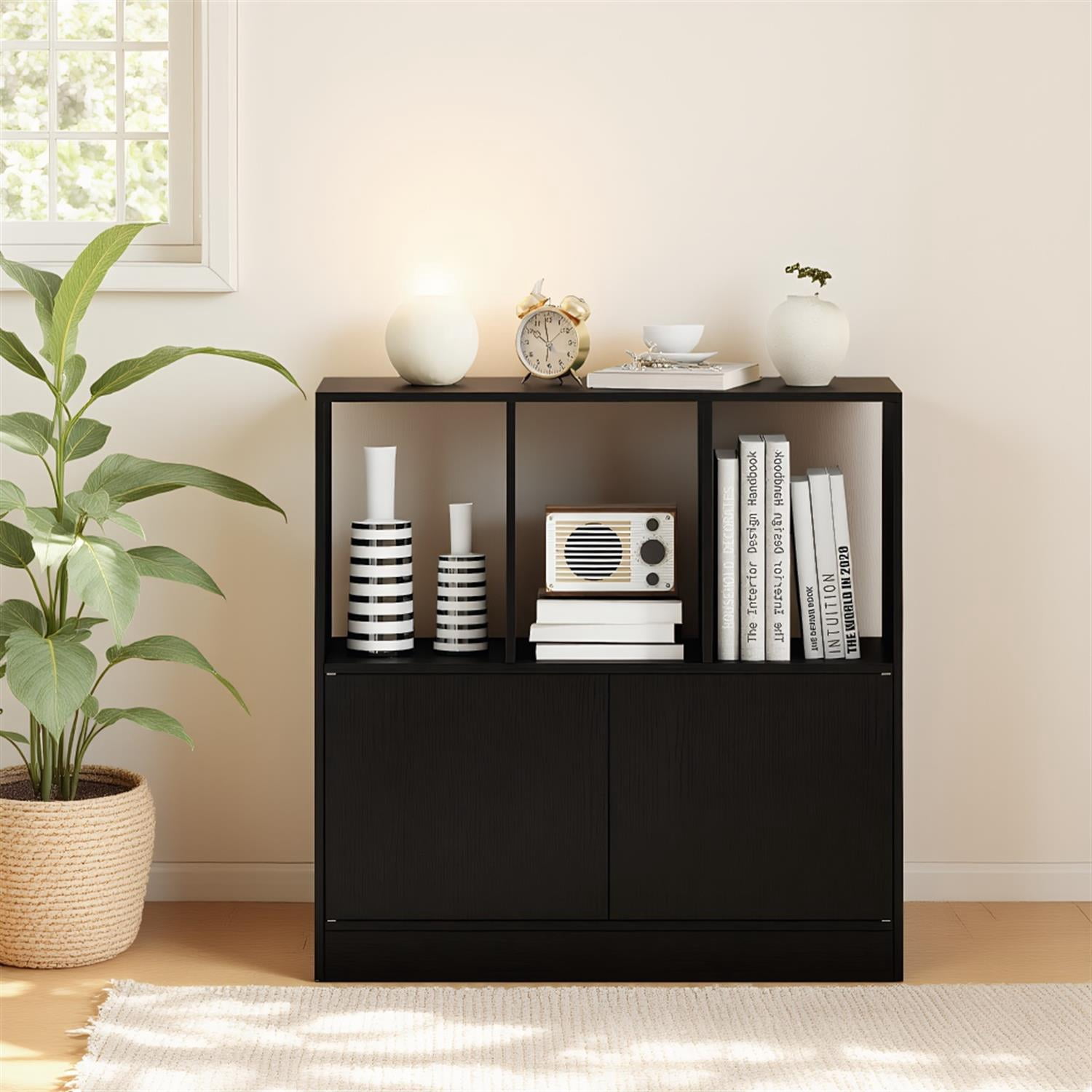 Spaco Black 3-Cube Bookcase with Doors, 3-Tier Cubic Shelf with Open ...