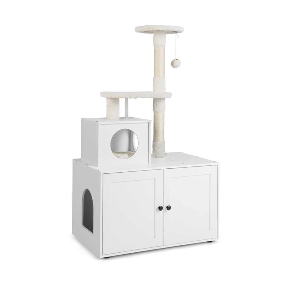 Spaco Cat Tree with Litter Box Enclosure with Cat Condo-White，Cat ...