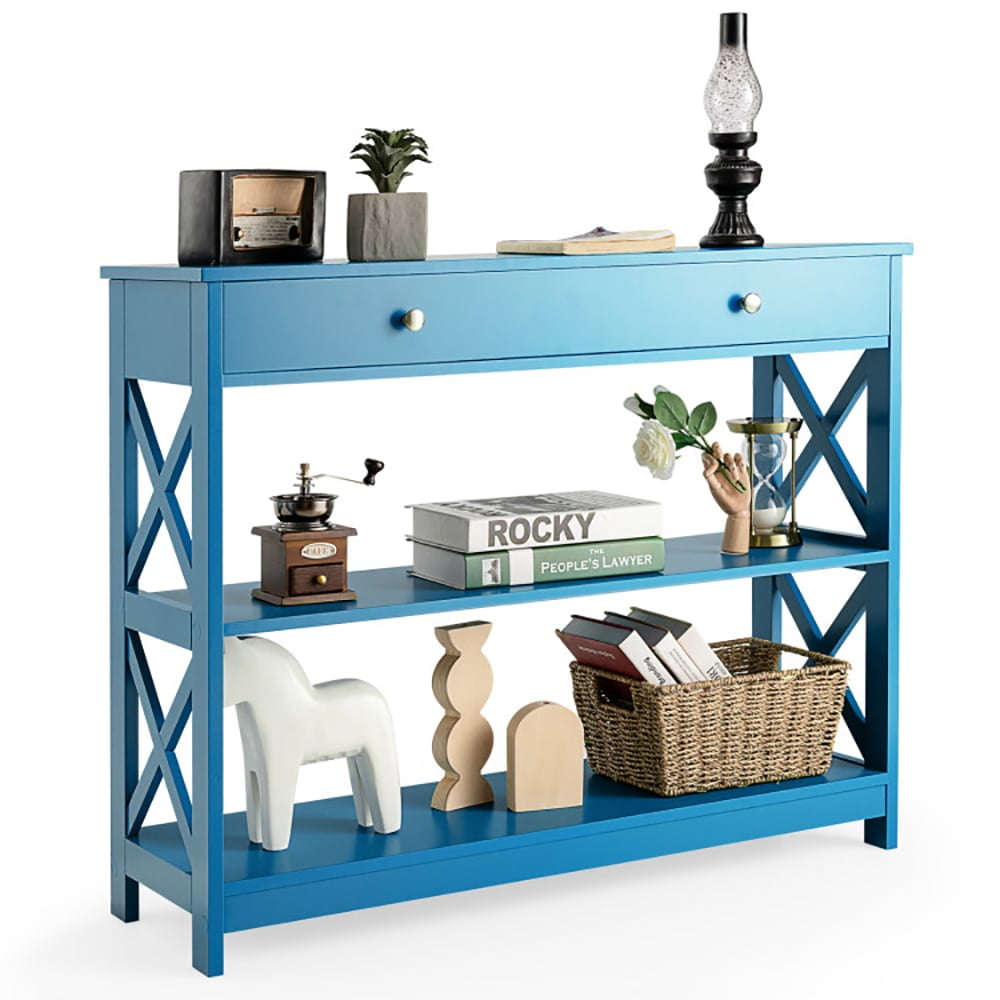 Spaco Console Table 3-Tier with Drawer and Storage Shelves-Blue ...