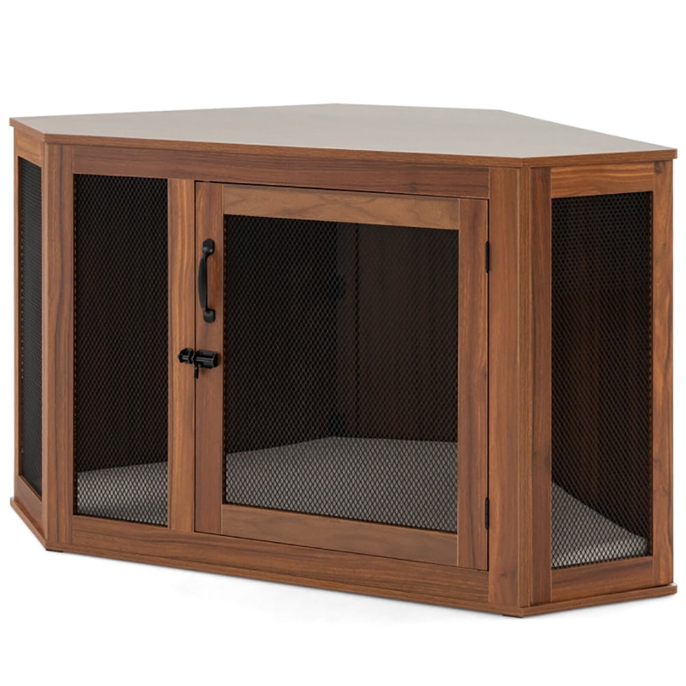 Spaco Corner Dog Kennel with Mesh Door and Cushion-Brown, Dog House ...