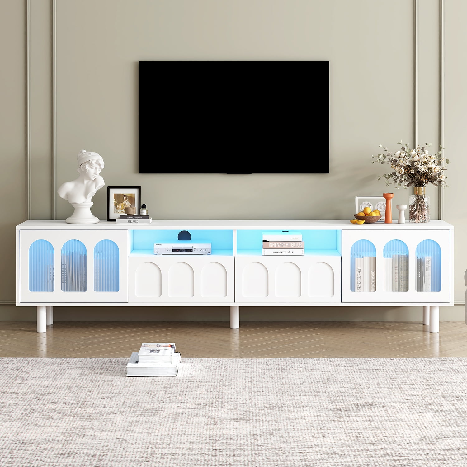 Spaco Cream Style TV Stand with LED Light Strip, Graceful Entertainment ...