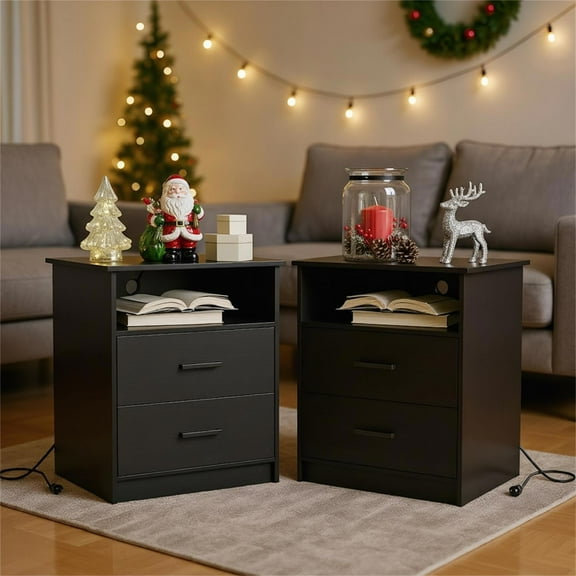 2 Pack Modern Nightstand with Charging Station, LED Bedside Table with ...