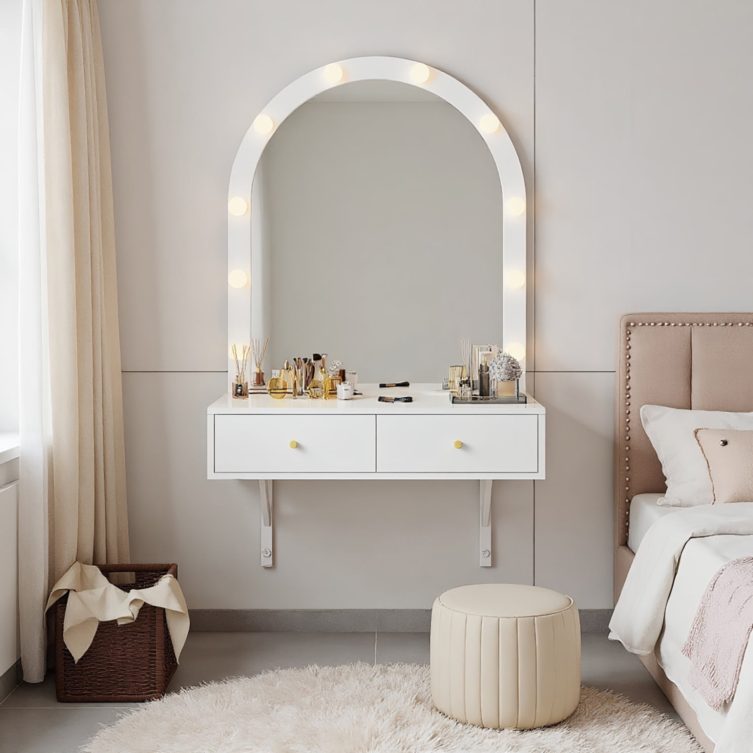 Spaco Floating Makeup Vanity Desk with Mirror & 3-Color Lights, Wall ...