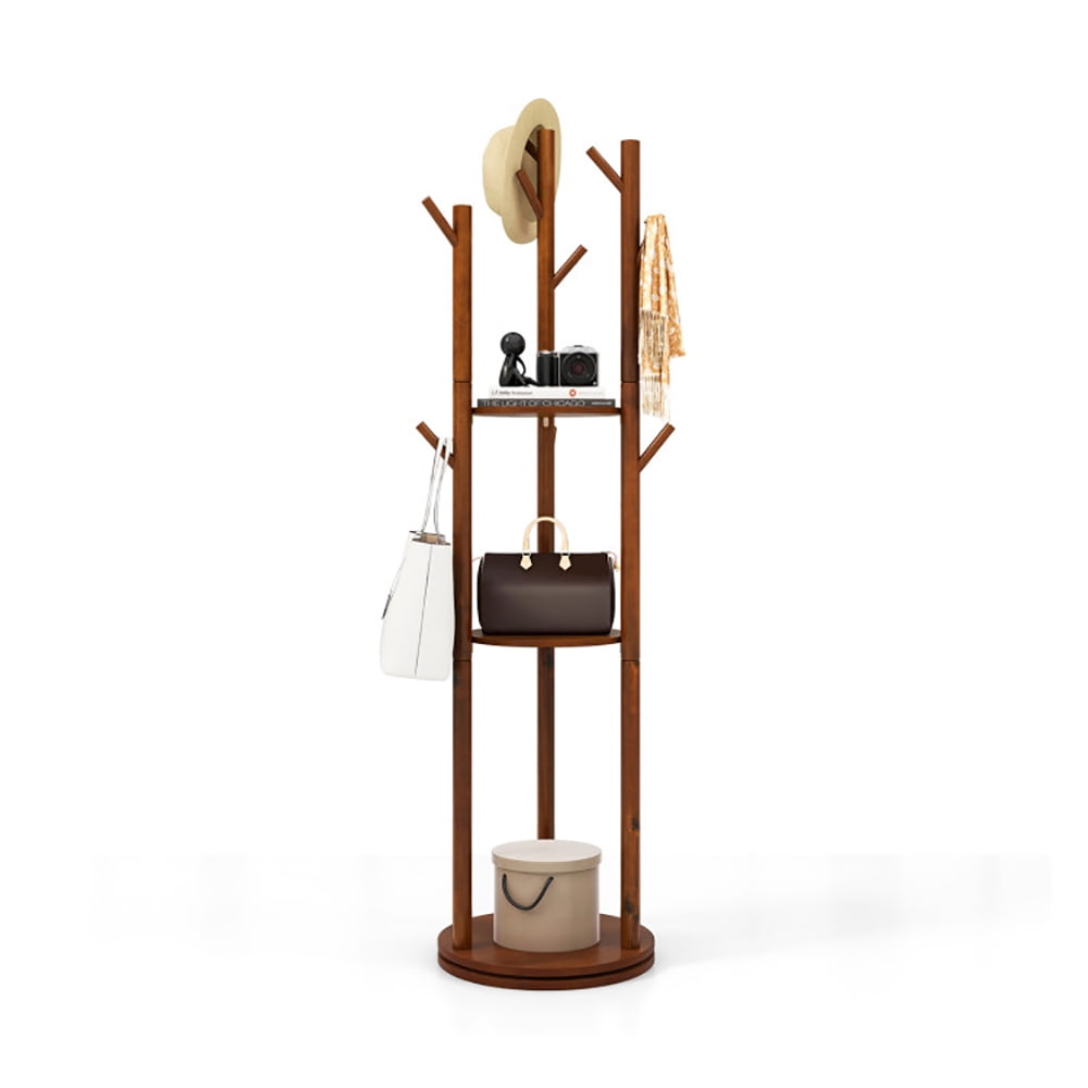 Spaco Freestanding Wooden Coat Tree with 3 Display Storage Shelves and ...