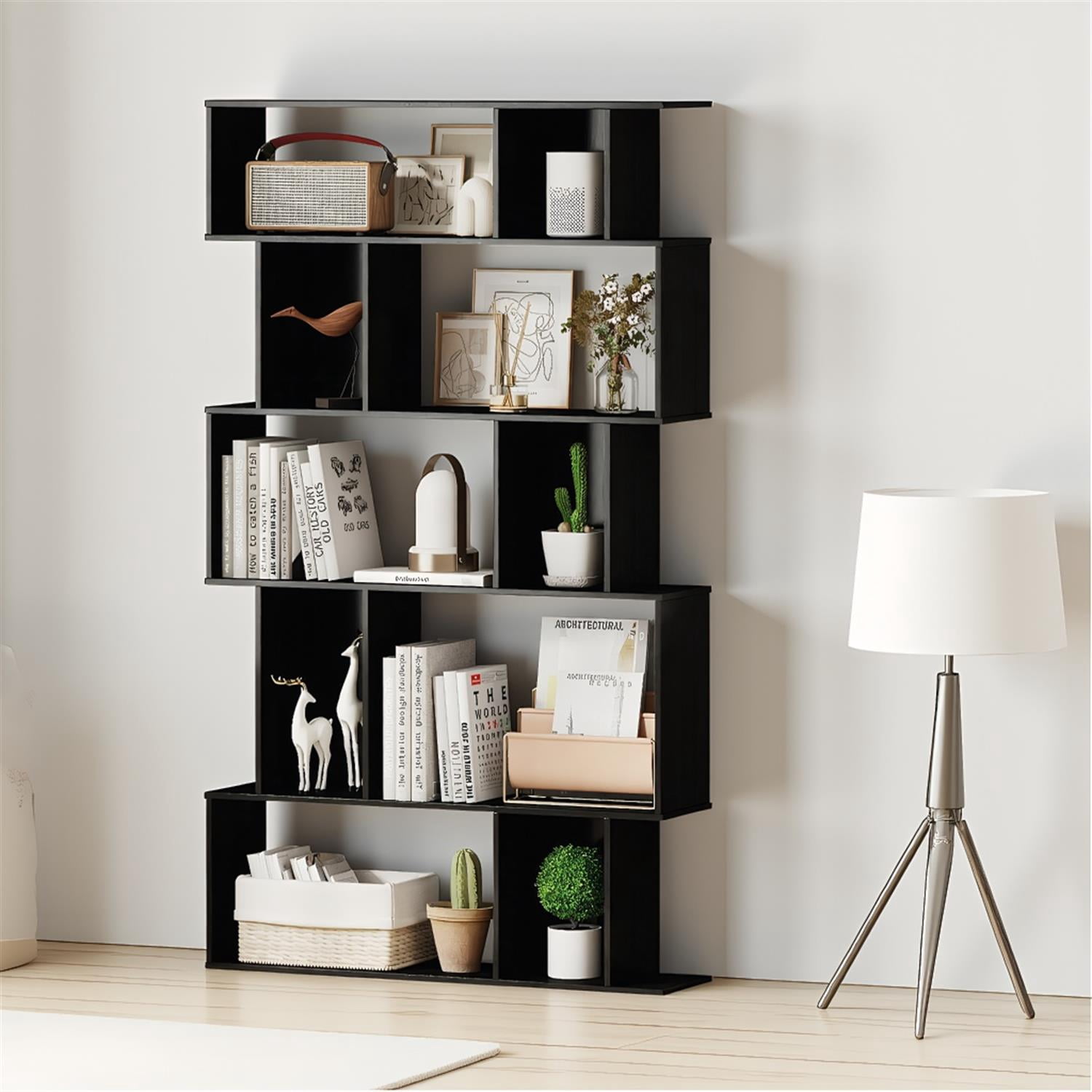 Spaco Geometry 5-Tier Bookshelf Open Shelves Closed Back Cubes Narrow ...