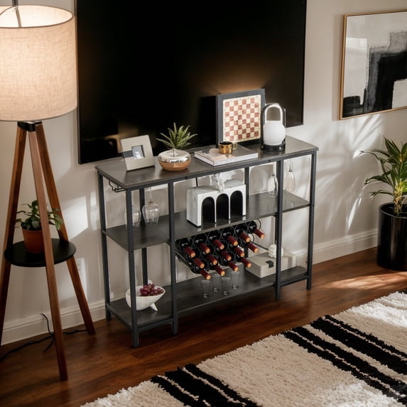 Spaco Industrial Wine Rack Wine Bar Cabinet with Storage Shelves-Gray ...