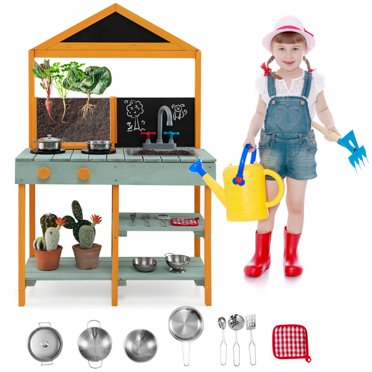 Costway 2-in-1 Kids Play Kitchen & Restaurant - Double-Sided Wooden Set ...