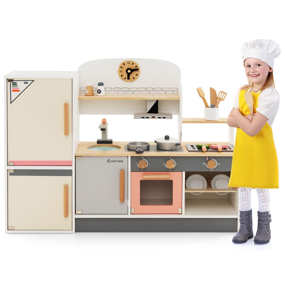Spaco Kids Play Kitchen Set with Realistic Range Hood and Refrigerator ...