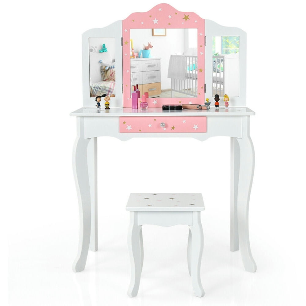 Spaco Kids Princess Vanity Table and Stool Set with Tri-folding Mirror ...