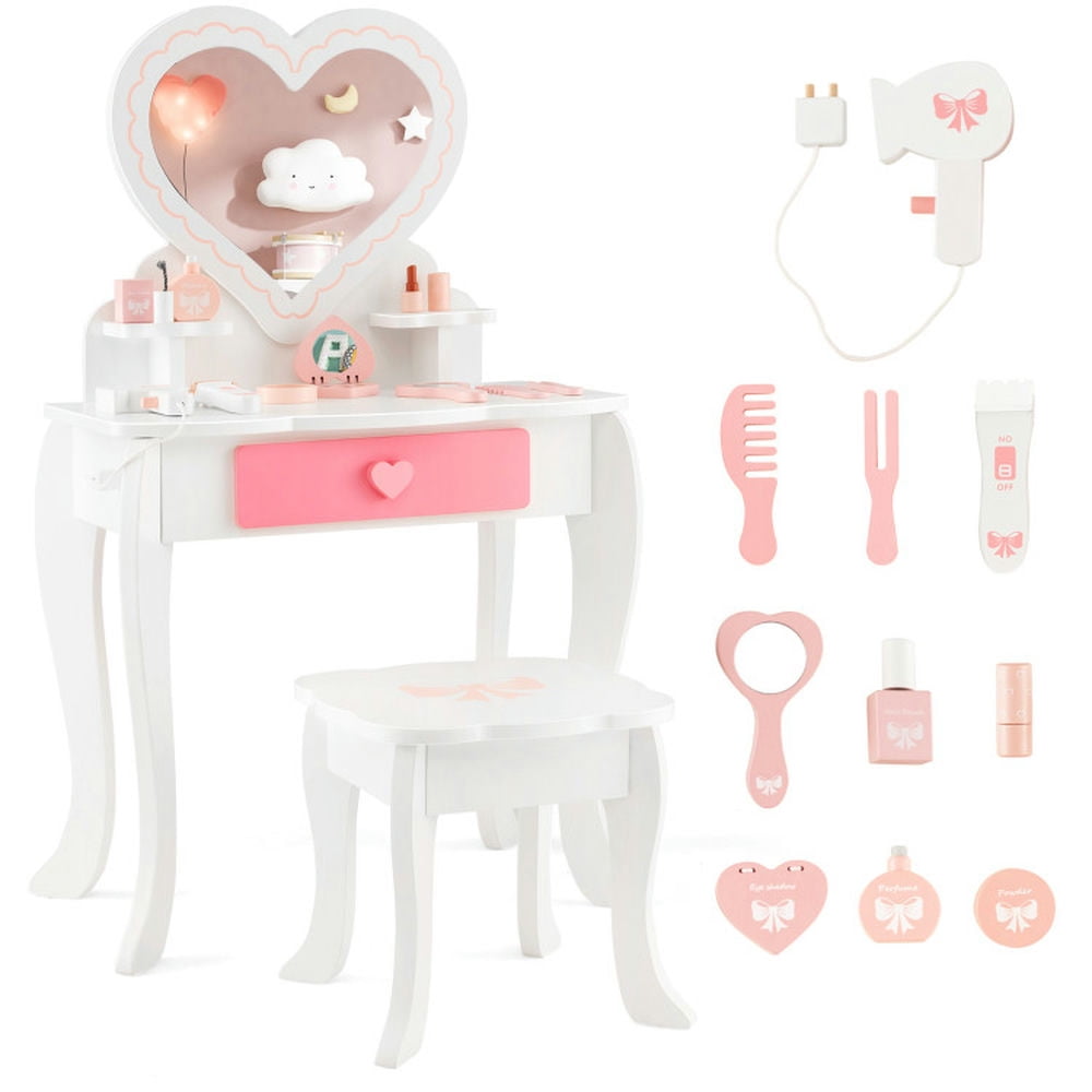 Spaco Kids Vanity Set with Heart-shaped Mirror-White, Girls Vanity for ...