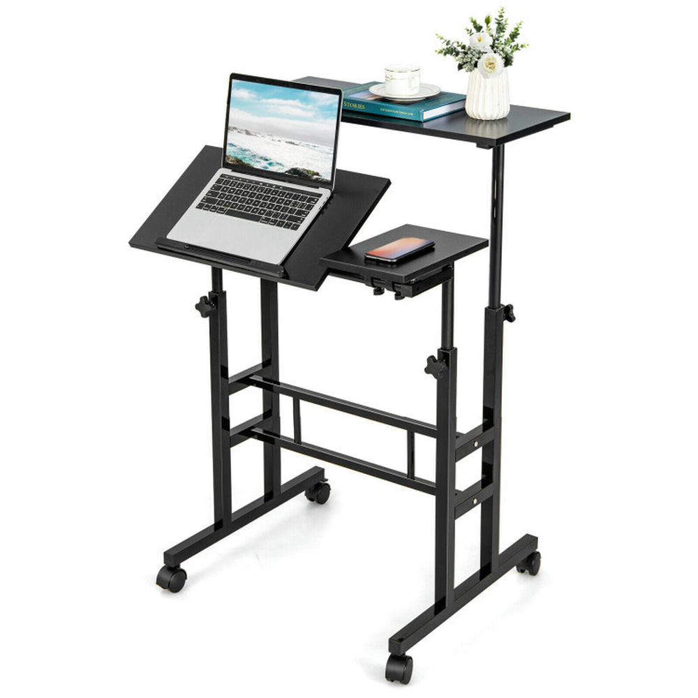 Spaco Mobile Stand up Computer Desk with 2 Tilting Desktops-Black ...