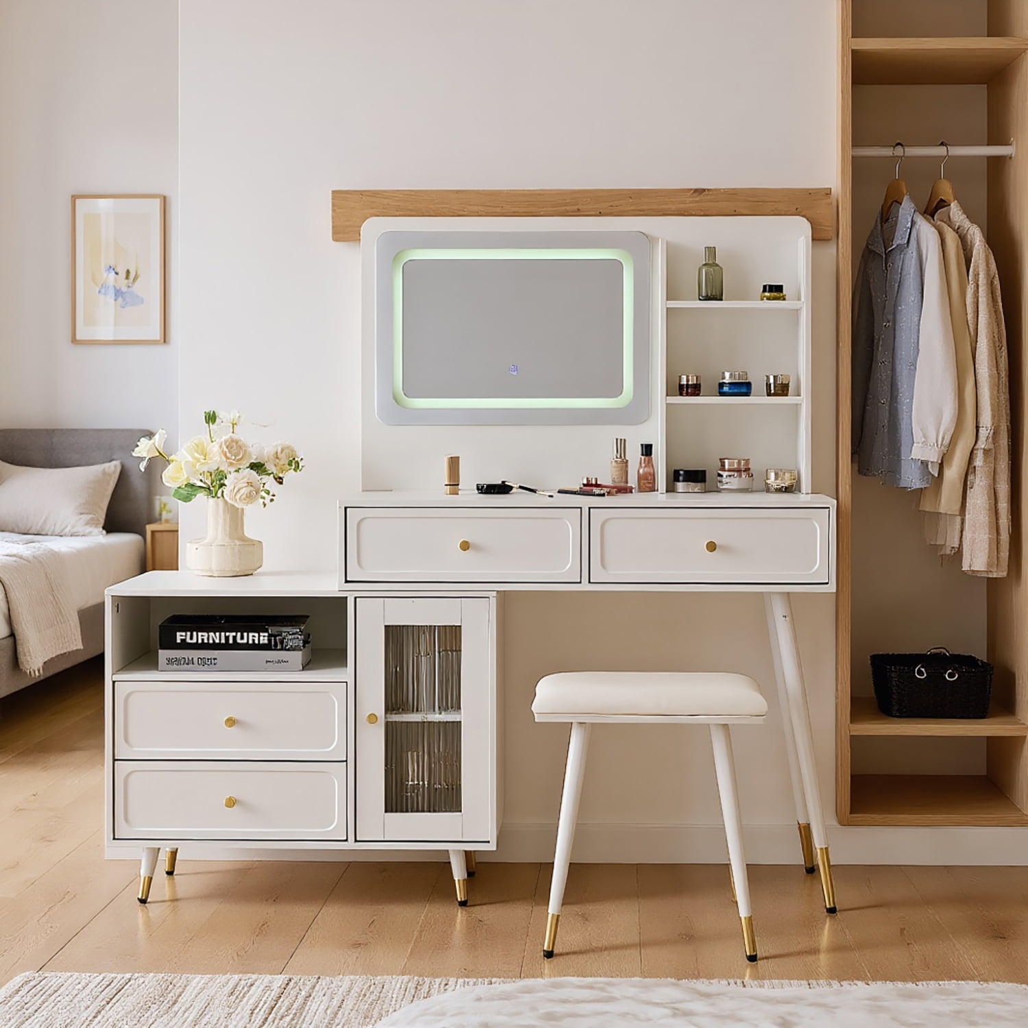 Spaco Modern Makeup Vanity Desk with Drawers and Cabinet, Retractable ...