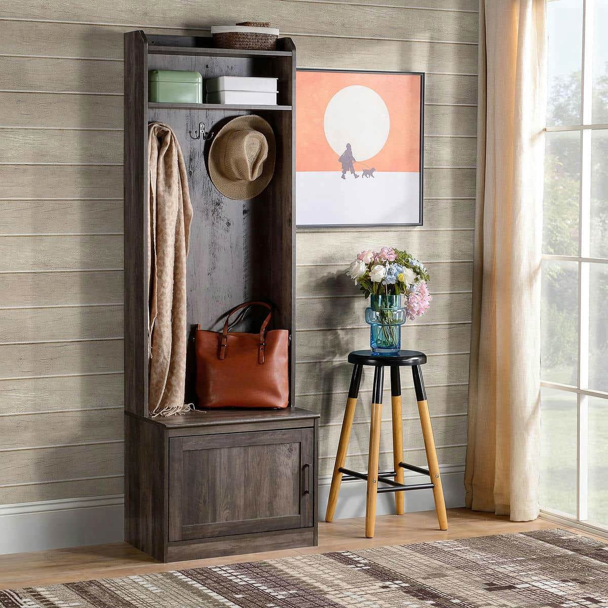 Spaco Narrow Hall Tree with Shoe Storage Bench and Storage Shelves ...