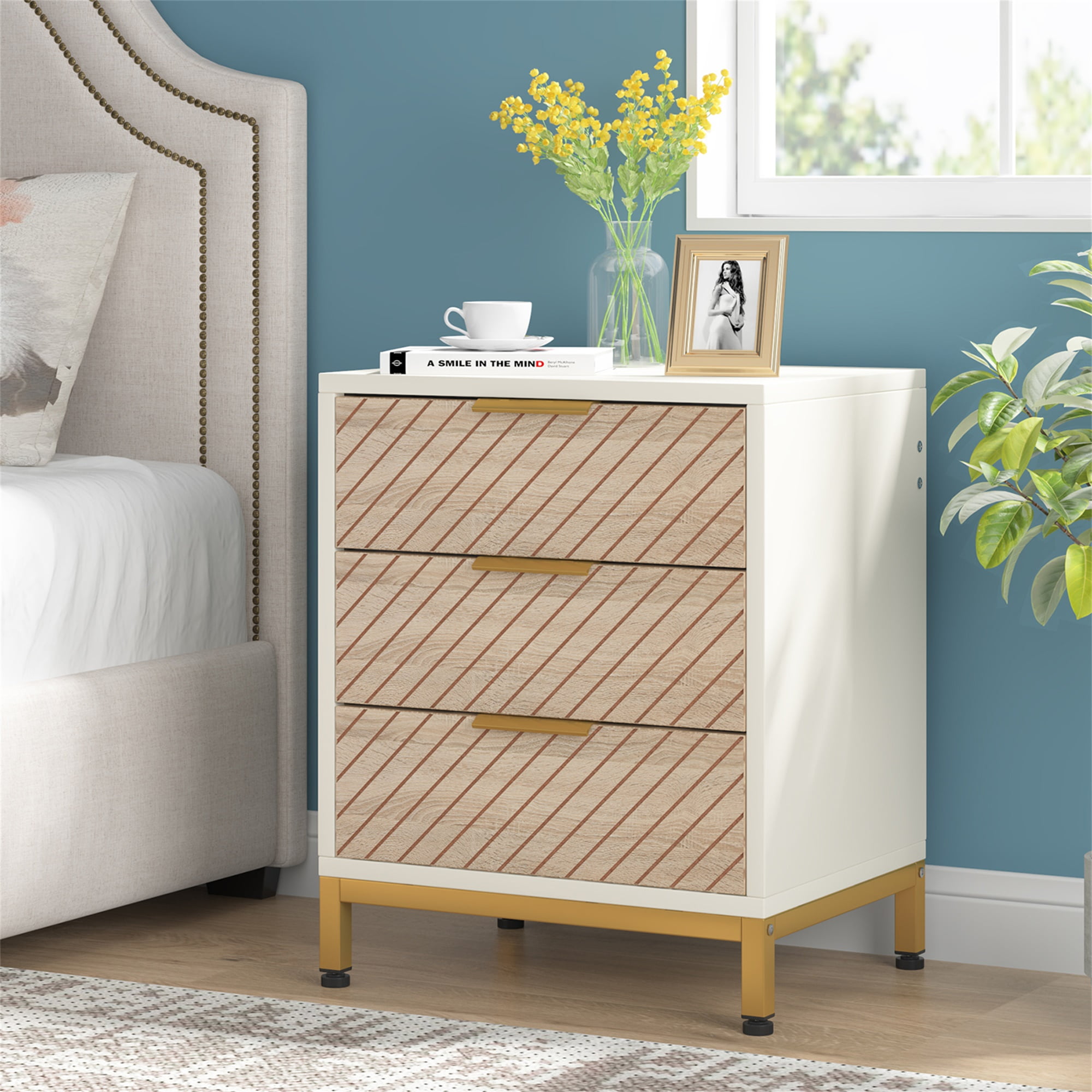 Spaco Night Stands for Bedrooms, White and Gold Light Wood Grain ...