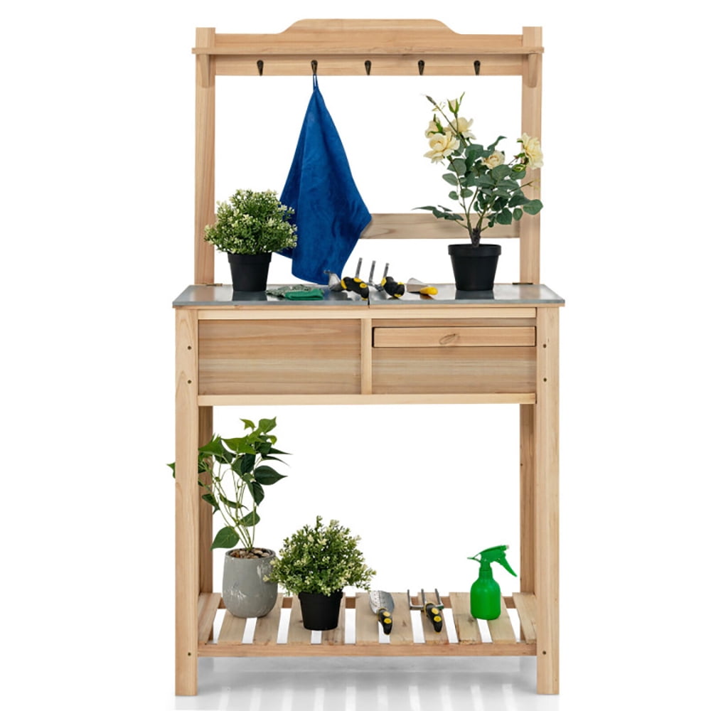 Spaco Outdoor Garden Potting Bench Table with Metal Top Open Shelf ...
