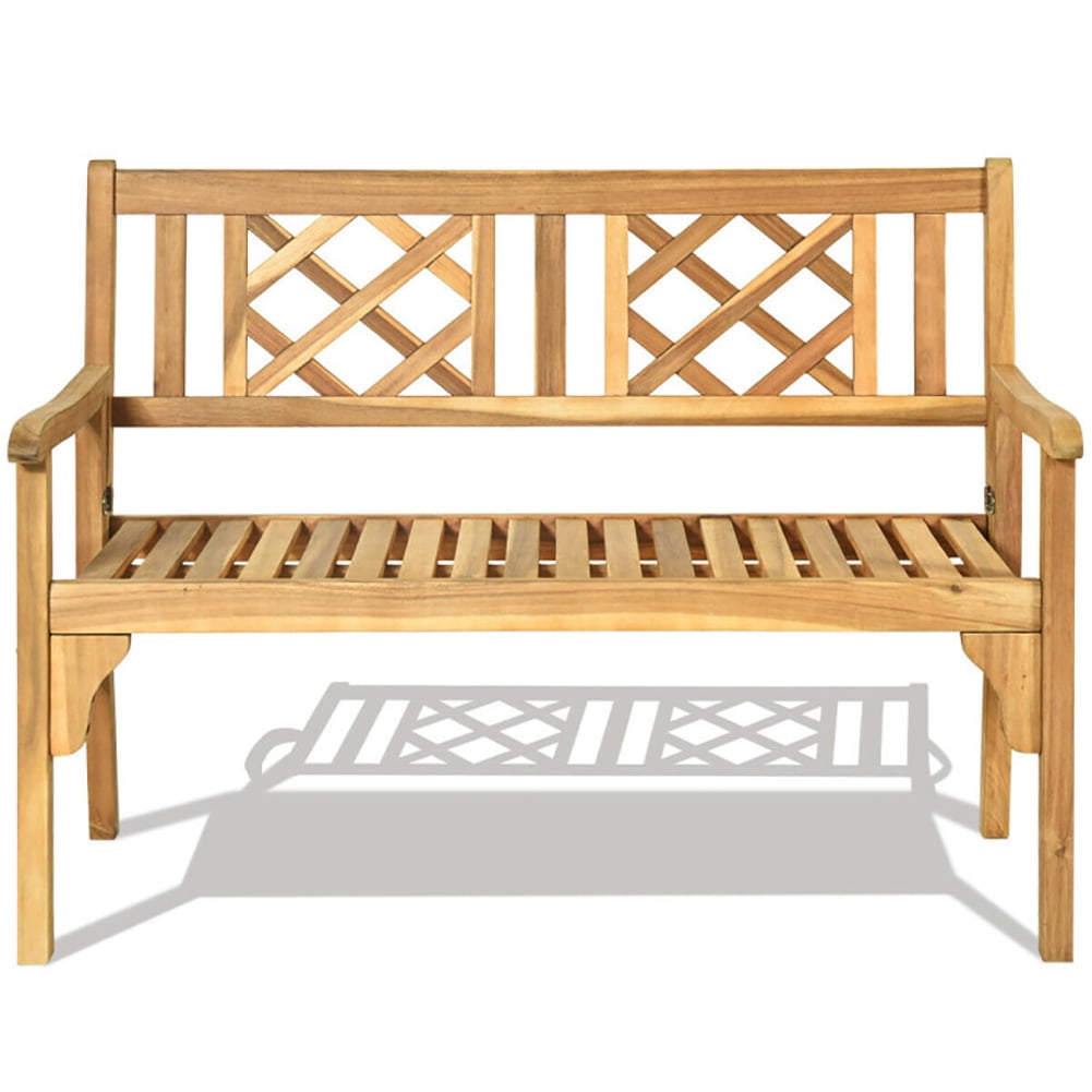 Spaco Patio Foldable Bench with Curved Backrest and Armrest, Solid Wood ...