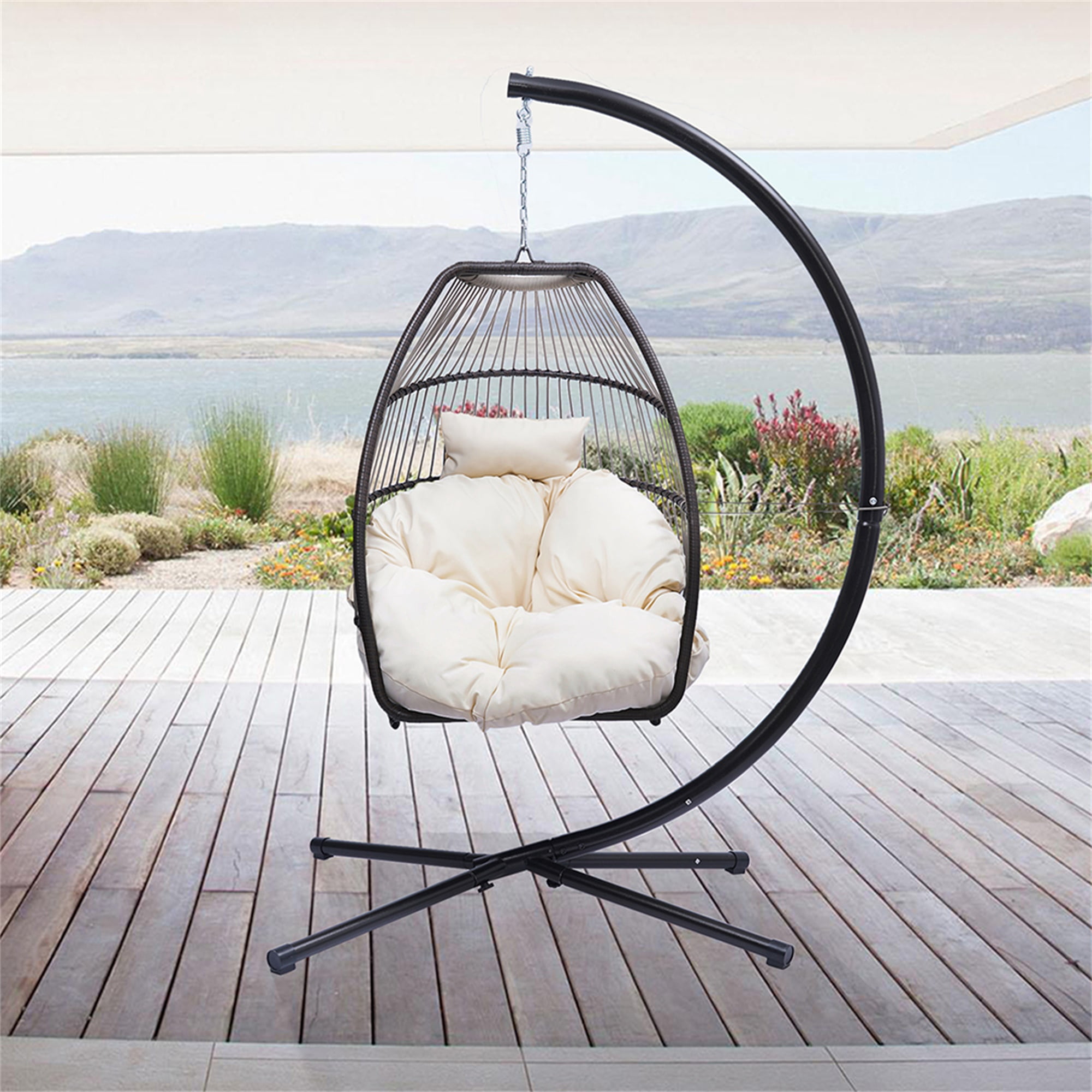 Spaco Patio Wicker folding Hanging Chair,Rattan Swing Hammock Egg Chair ...