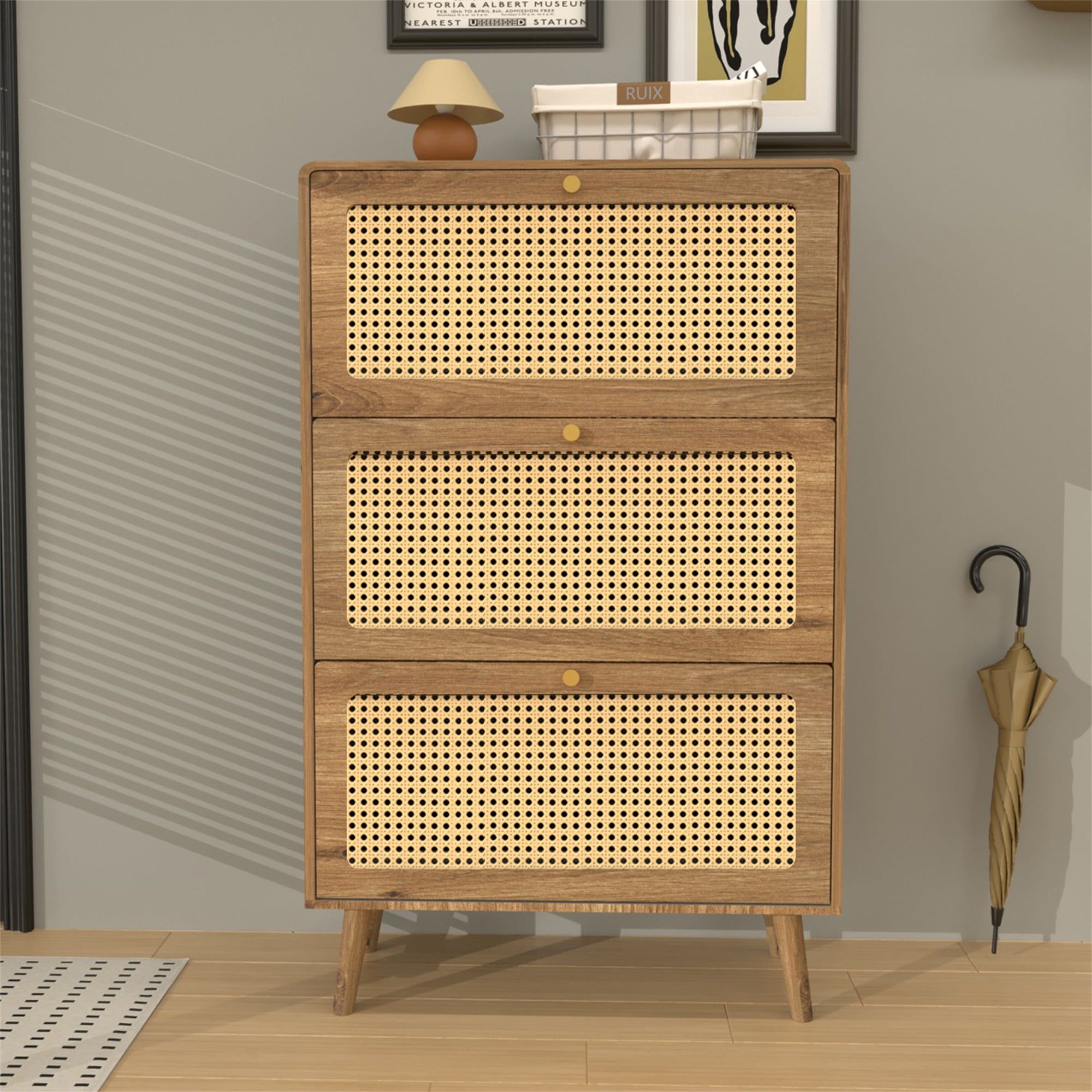Spaco Rattan Shoe Storage Cabinet with 3 Flip Drawers, Freestanding ...