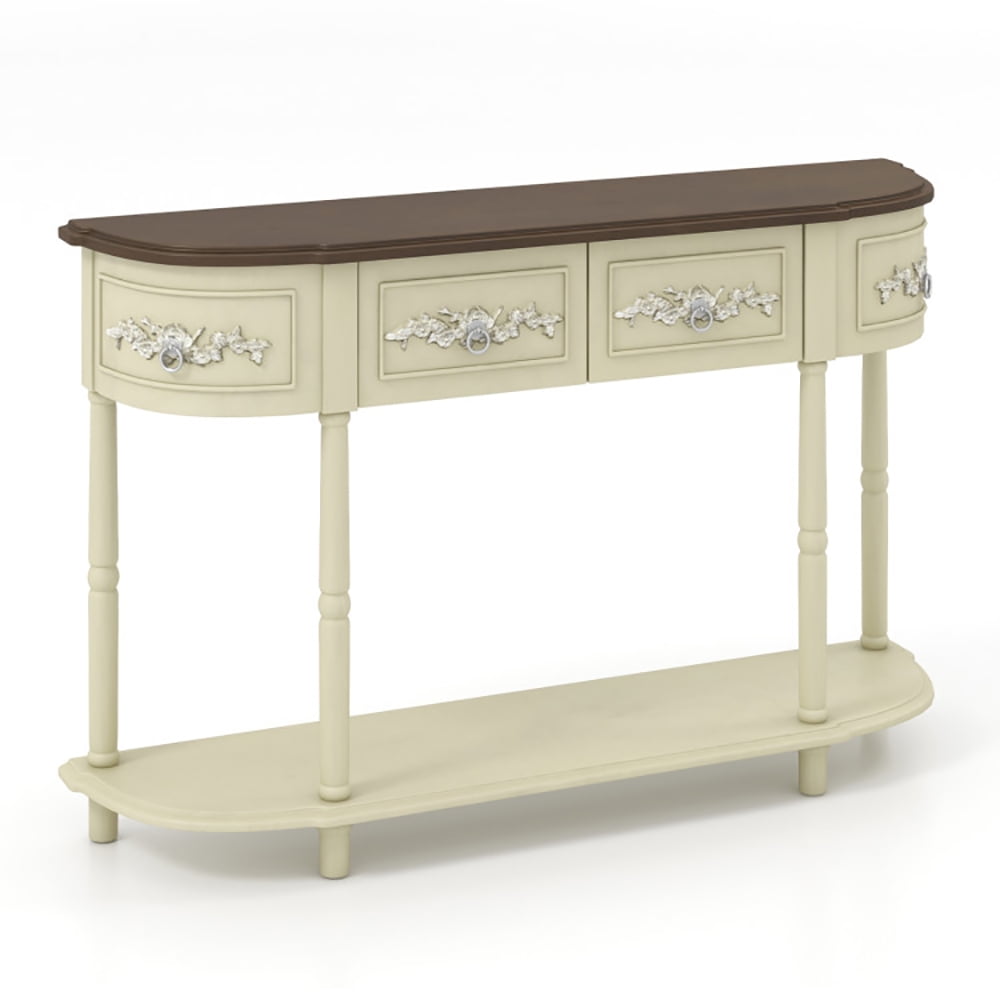 Spaco Retro Curved Console Table with Drawers and Solid Wood Legs-Beige ...