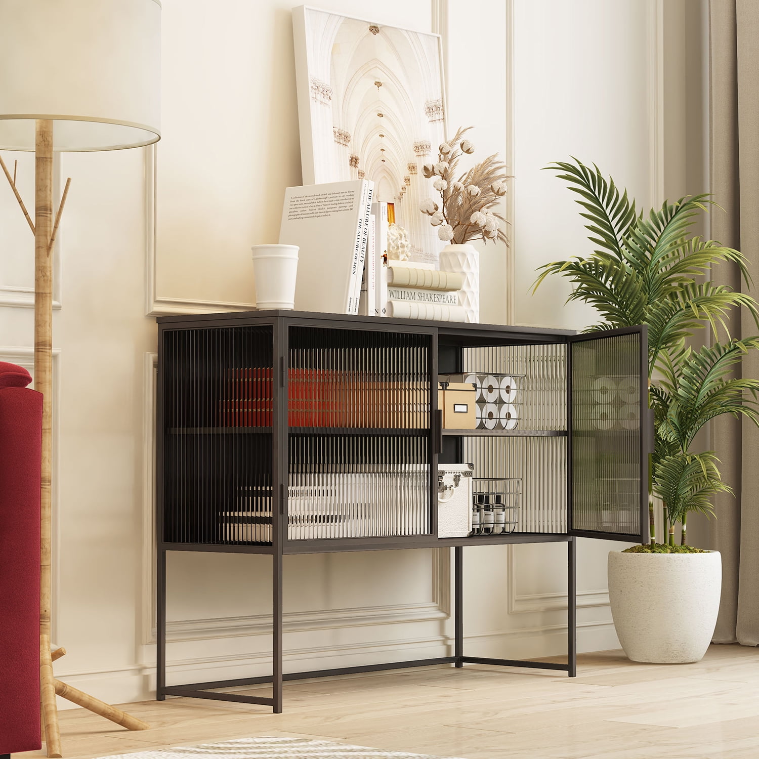 Spaco Retro Style Fluted Glass Sideboard Storage Cabinet Simple Modern ...