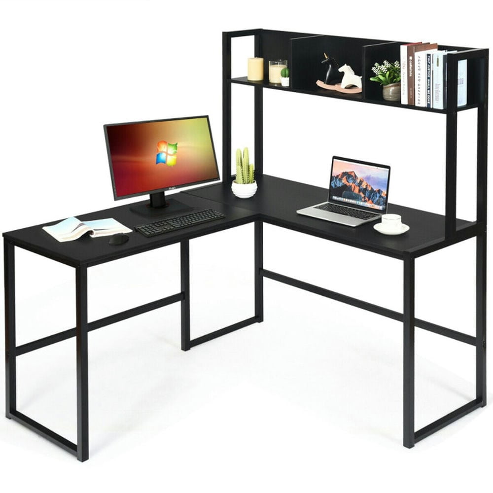 Spaco Reversible L-Shaped Corner Desk with Storage Bookshelf-Black ...