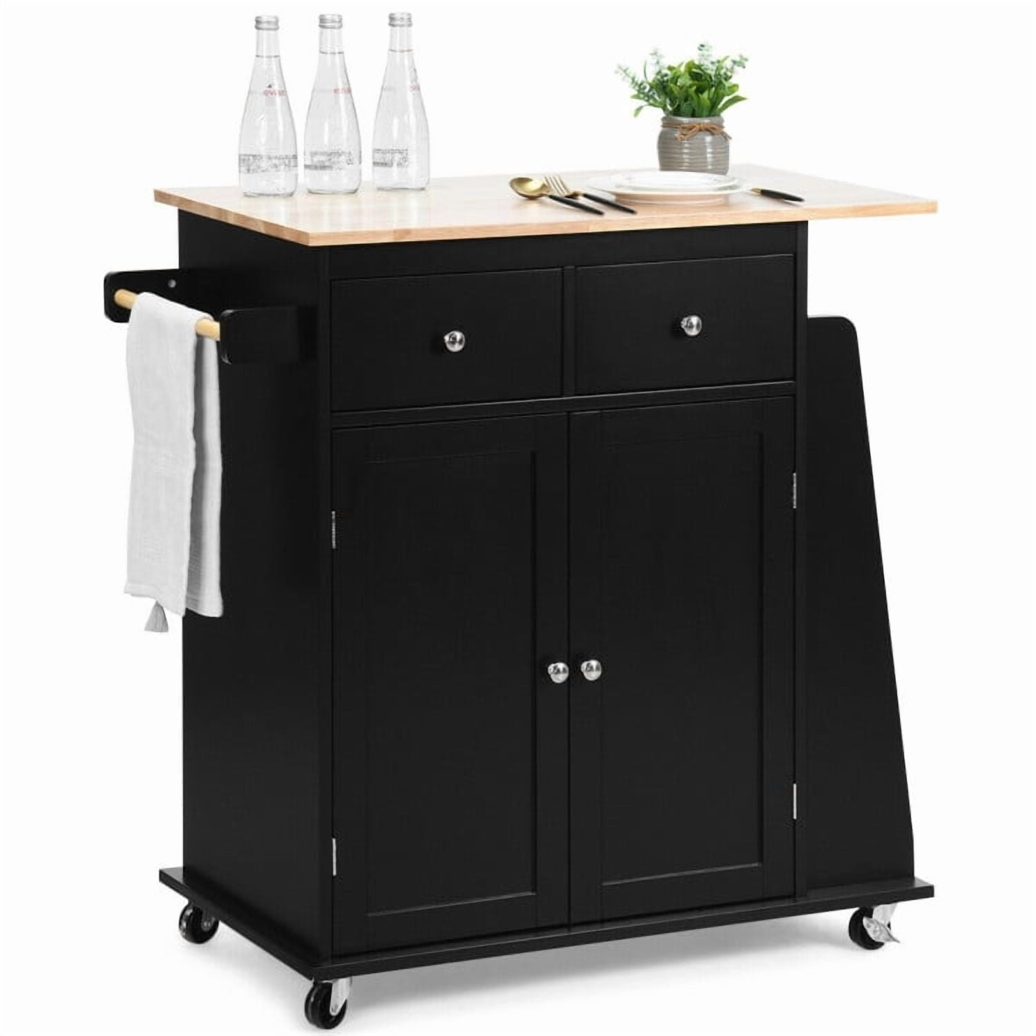 Spaco Rubber Wood Countertop Rolling Kitchen Island Cart-Black, Kitchen ...
